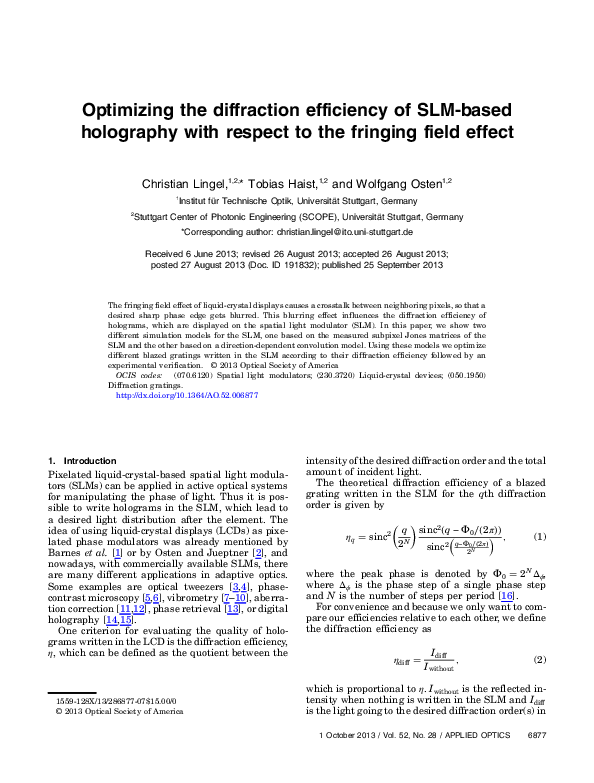(PDF) Optimizing the diffraction efficiency of SLM-based holography ...