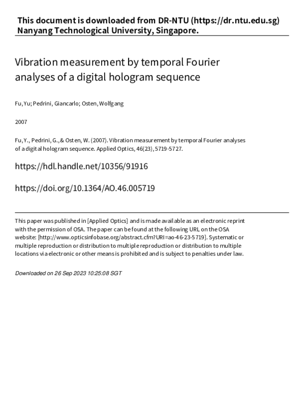 (PDF) Vibration measurement by temporal Fourier analyses of a digital hologram sequence