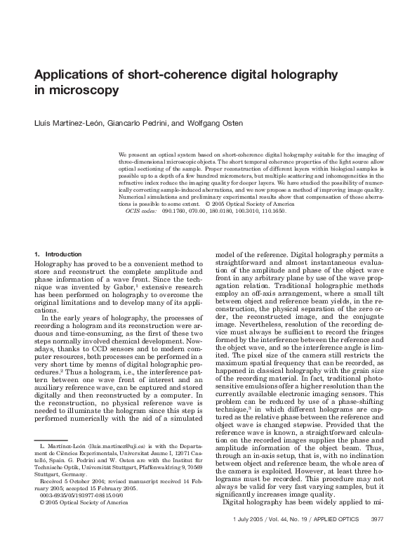 (PDF) Applications of short-coherence digital holography in microscopy