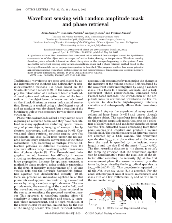 (PDF) Wavefront sensing with random amplitude mask and phase retrieval