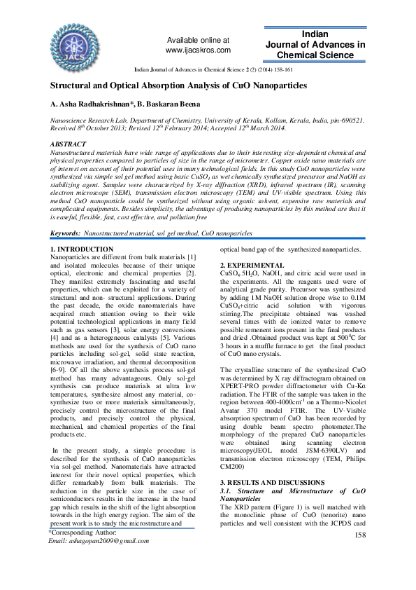 (PDF) Structural and Optical Absorption Analysis of CuO Nanoparticles