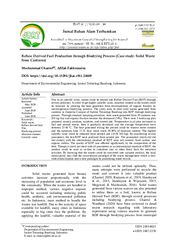 (PDF) Refuse Derived Fuel Production through Biodrying Process (Case ...