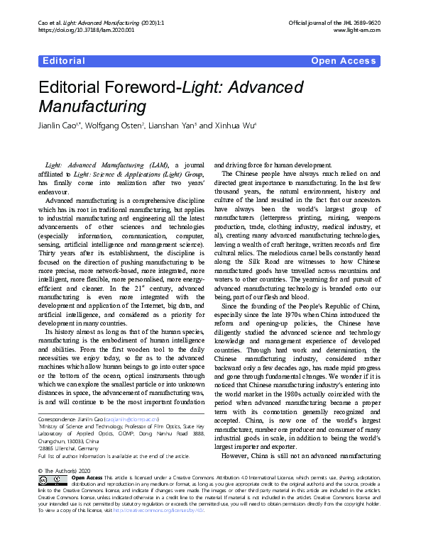 (PDF) Editorial Foreword-Light: Advanced Manufacturing