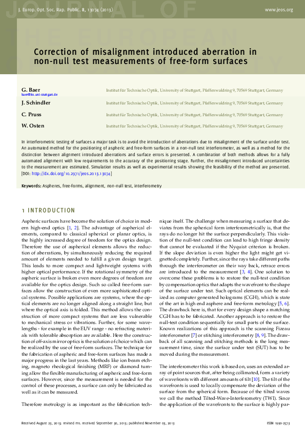 Pdf Correction Of Misalignment Introduced Aberration In Non Null Test Measurements Of Free