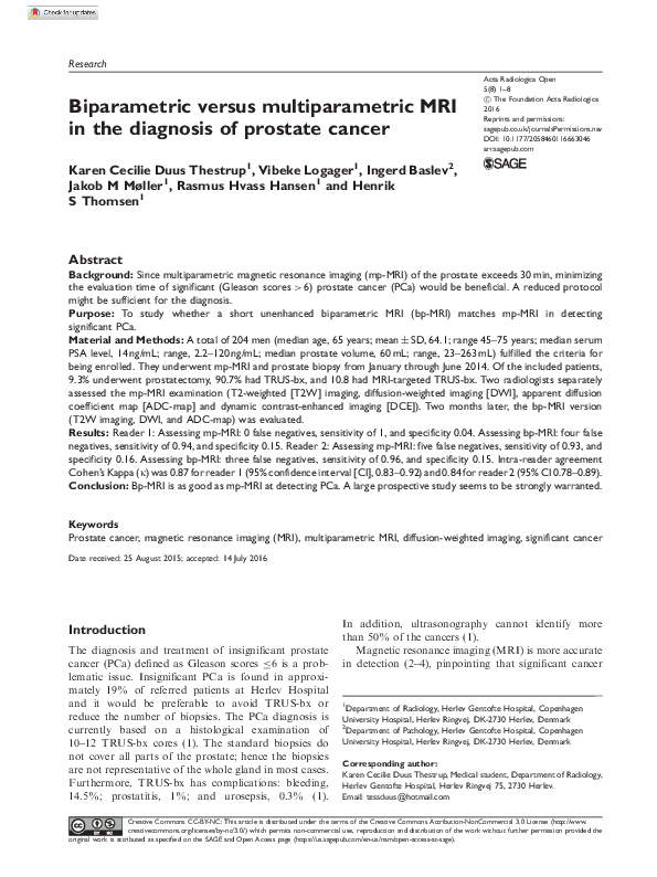 (PDF) Biparametric versus multiparametric MRI in the diagnosis of prostate cancer | Henrik ...