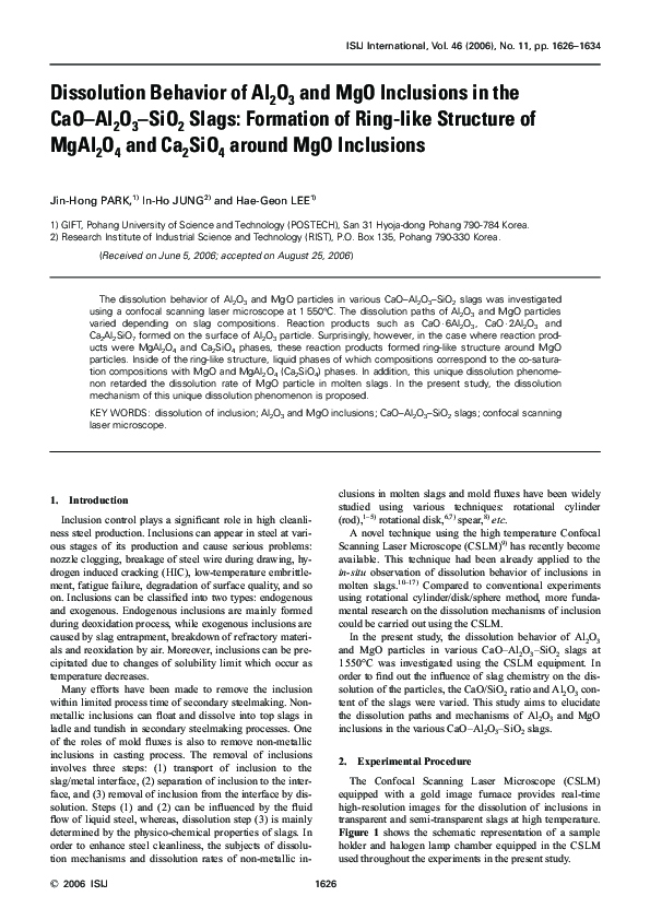 (PDF) Dissolution Behavior of Al2O3 and MgO Inclusions in the CaO–Al2O3–SiO2 Slags: Formation of ...