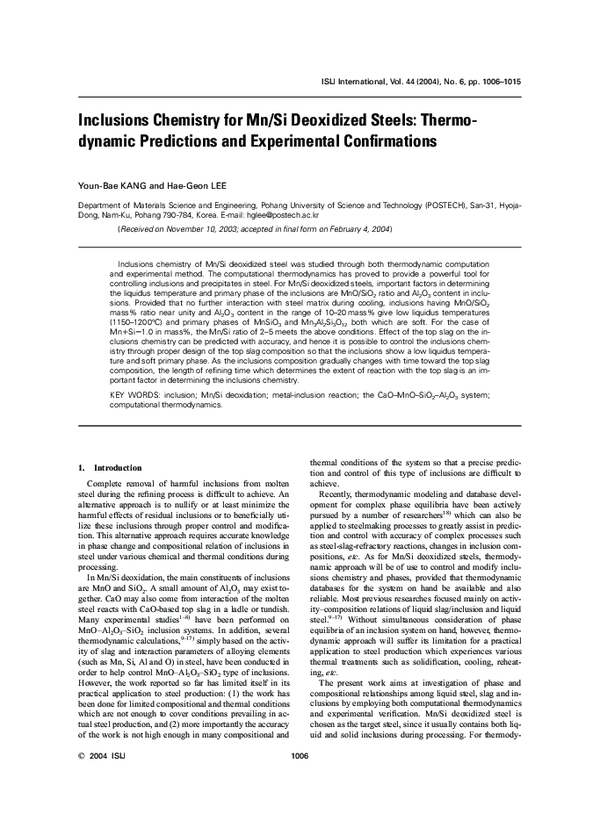 (PDF) Inclusions Chemistry for Mn/Si Deoxidized Steels: Thermodynamic ...