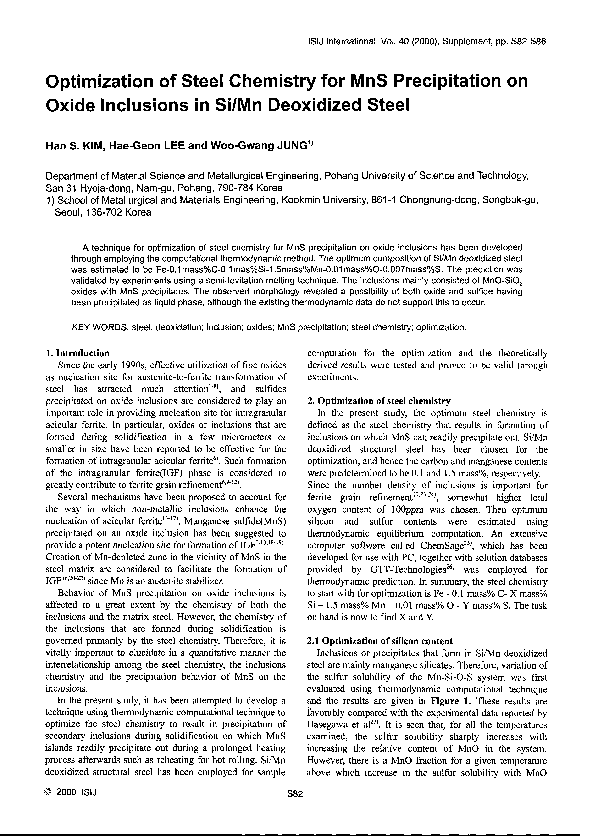 (PDF) Optimization of Steel Chemistry for MnS Precipitation on Oxide ...
