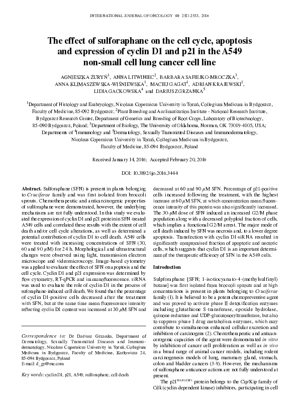 (PDF) The effect of sulforaphane on the cell cycle, apoptosis and expression of cyclin D1 and ...