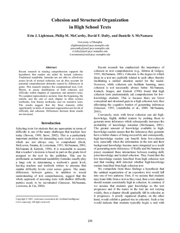 (PDF) Cohesion and structural organization in high school texts