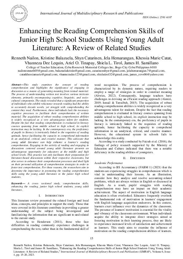 (PDF) Enhancing the Reading Comprehension Skills of Junior High School Students Using Young ...