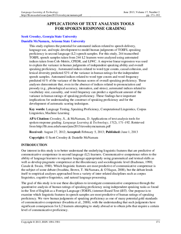 (PDF) Applications of text analysis tools for spoken response grading