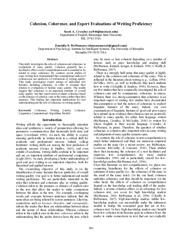 (PDF) Cohesion, coherence, and expert evaluations of writing proficiency