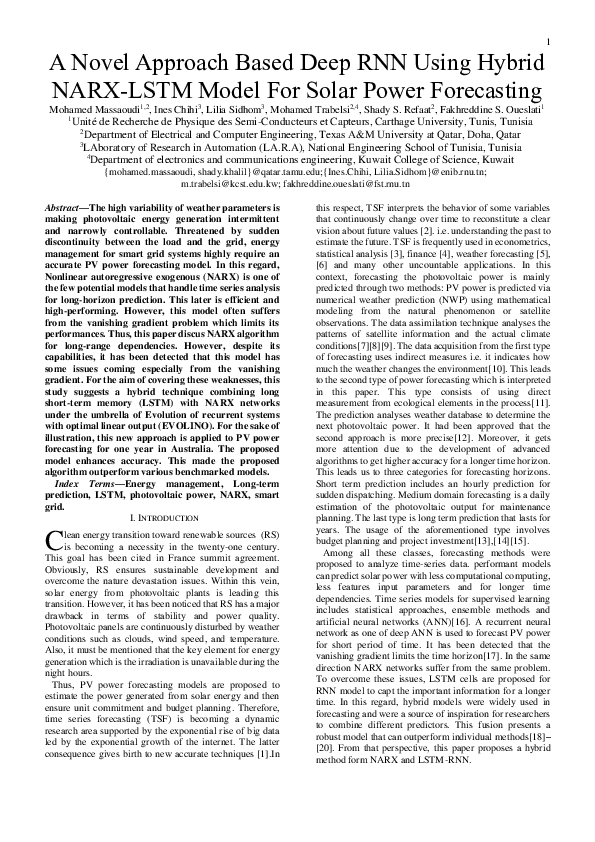 (PDF) A Novel Approach Based Deep RNN Using Hybrid NARX-LSTM Model For Solar Power Forecasting