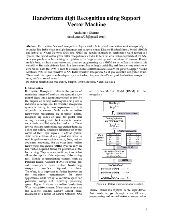 Pdf Handwritten Digit Recognition Using Support Vector Machine