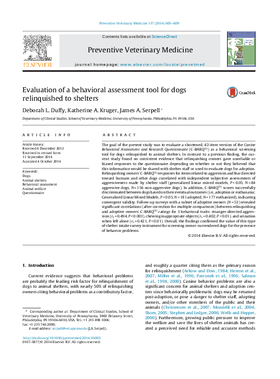 (PDF) Evaluation of a behavioral assessment tool for dogs relinquished ...