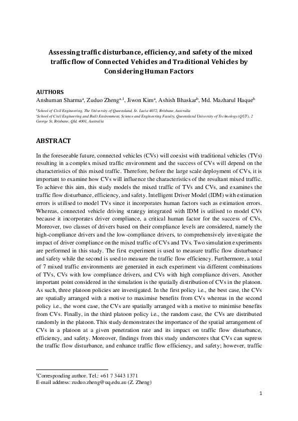 Pdf Assessing Traffic Disturbance Efficiency And Safety Of The Mixed Traffic Flow Of