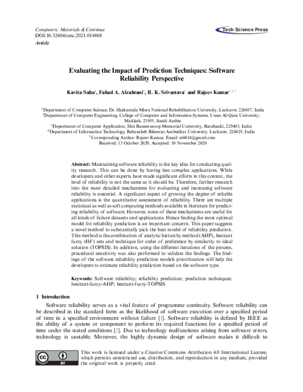(PDF) Evaluating the Impact of Prediction Techniques: Software Reliability Perspective