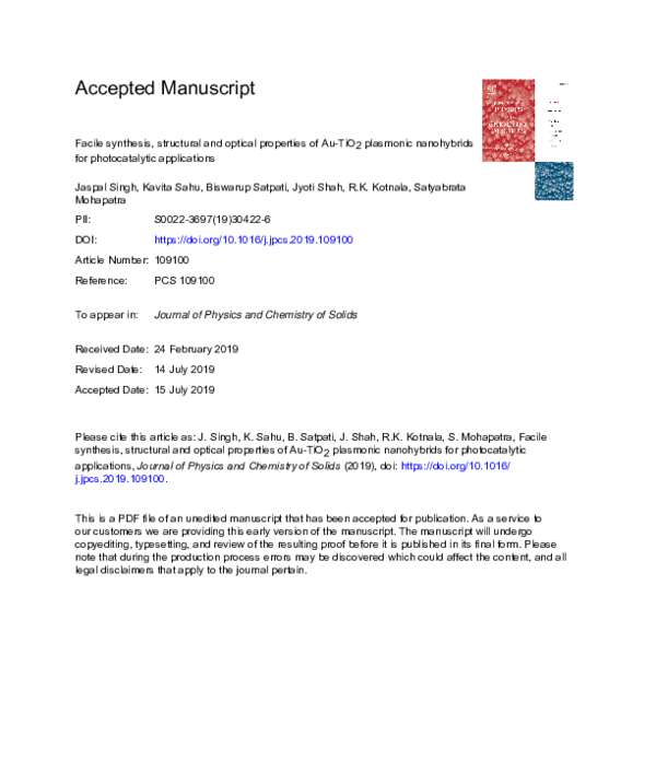 Pdf Facile Synthesis Structural And Optical Properties Of Au Tio2 Plasmonic Nanohybrids For