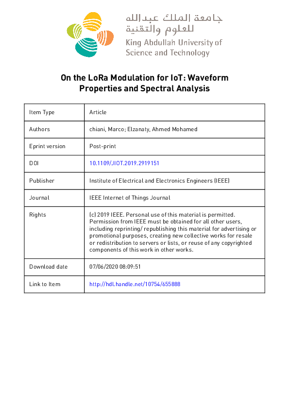 (PDF) On the LoRa Modulation for IoT: Waveform Properties and Spectral ...