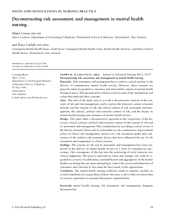 (PDF) Deconstructing risk assessment and management in mental health ...