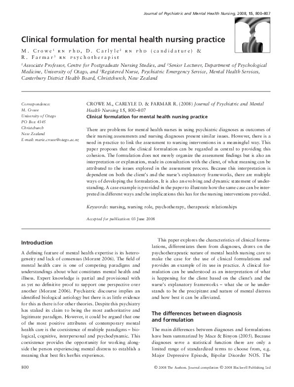 (PDF) Clinical formulation for mental health nursing practice