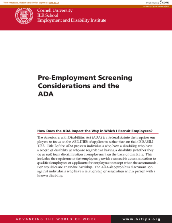 (PDF) Pre-Employment Screening Considerations and the ADA