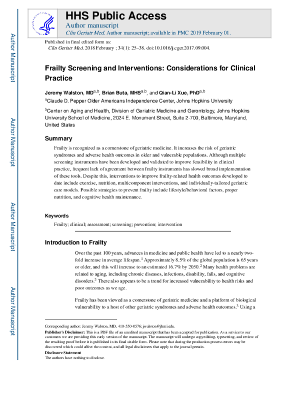 (PDF) Frailty Screening and Interventions
