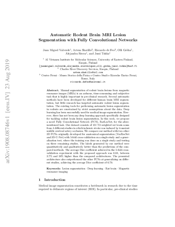 (PDF) Automatic Rodent Brain MRI Lesion Segmentation with Fully Convolutional Networks