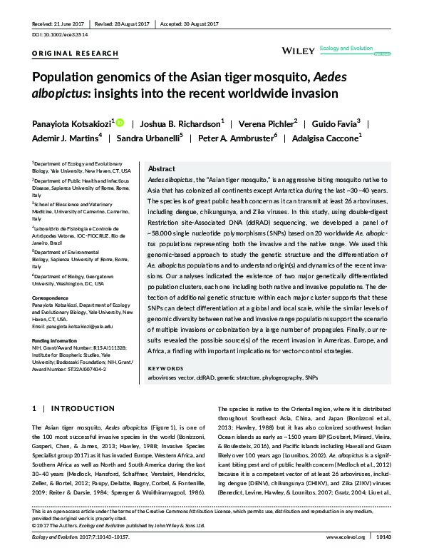 (PDF) Population genomics of the Asian tiger mosquito, Aedes albopictus: insights into the ...