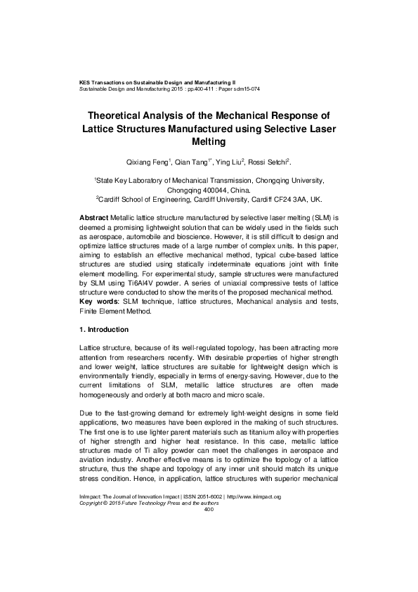 (PDF) Quasi-static analysis of mechanical properties of Ti6Al4V lattice structures manufactured ...
