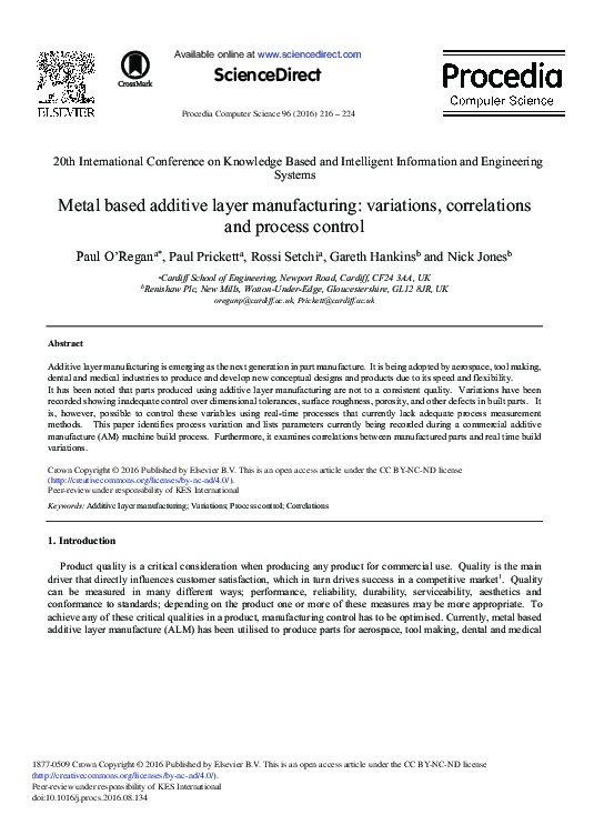 (PDF) Metal Based Additive Layer Manufacturing: Variations, Correlations and Process Control