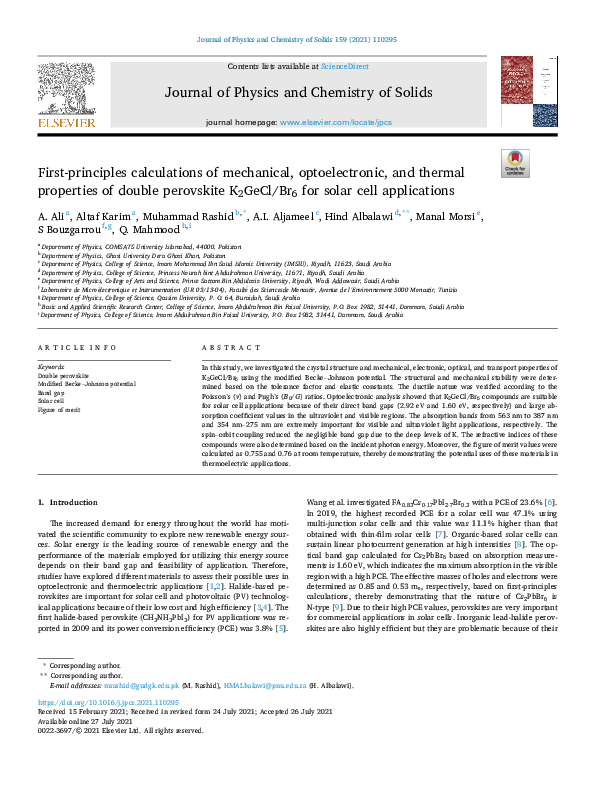 (PDF) First-principles calculations of mechanical, optoelectronic, and ...