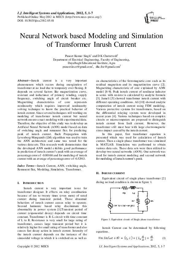 (PDF) Neural Network based Modeling and Simulation of Transformer Inrush Current