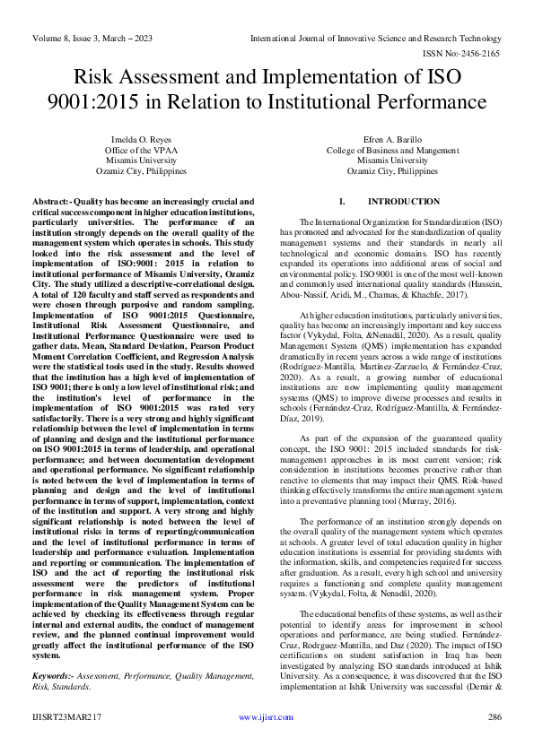 (PDF) Risk Assessment and Implementation of ISO 9001:2015 in Relation ...