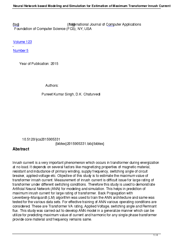 Pdf Neural Network Based Modeling And Simulation For Estimation Of Maximum Transformer Inrush