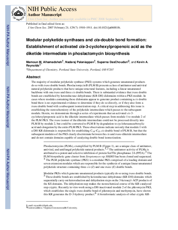 (PDF) Modular Polyketide Synthases and cis Double Bond Formation: Establishment of Activated cis ...