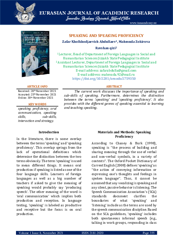 (PDF) Speaking and Speaking Proficiency