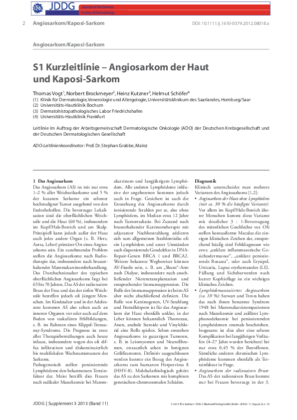 (PDF) S1 Kurzleitlinie – Angiosarkom der Haut und Kaposi‐Sarkom