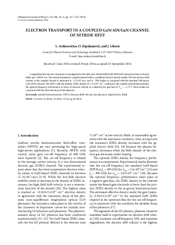 (PDF) Electron transport in a coupled GaN/AlN/GaN channel of nitride HFET