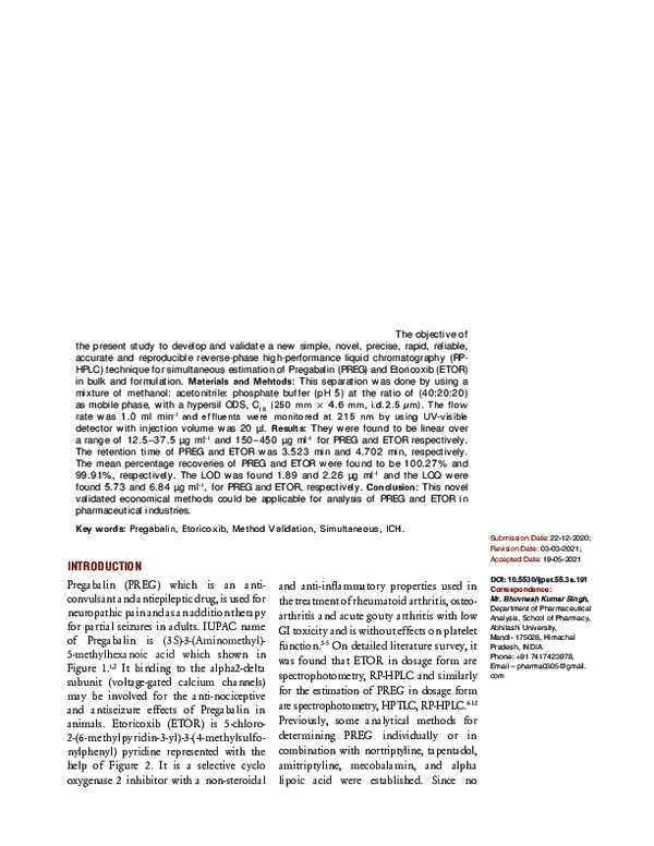 Pdf Simultaneous Estimation Of Pregabalin And Etoricoxib Using Novel Hplc Method An
