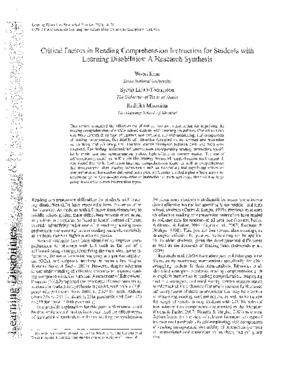 (PDF) Critical Factors in Reading Comprehension Instruction for Students with Learning ...