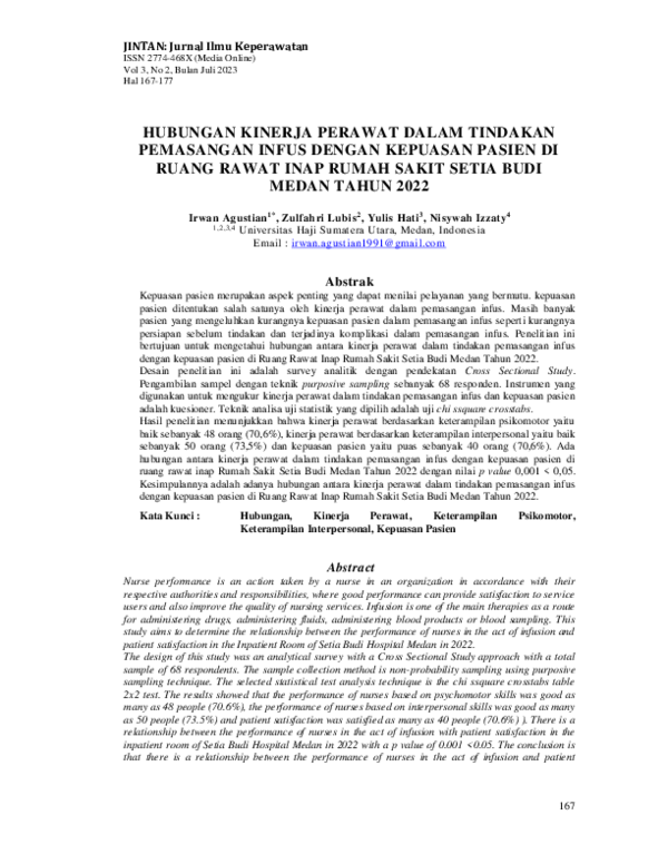 (PDF) Hubungan Antara Kinerja Perawat Dalam Tindakan Pemasangan Infus Dengan Kepuasan Pasien Di ...
