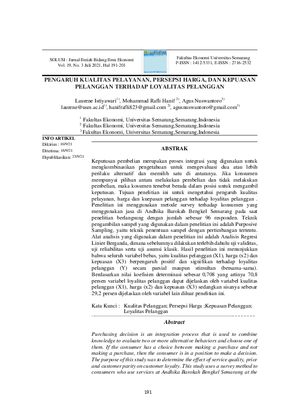 (PDF) Pengaruh Kualitas Pelayanan, Persepsi Harga, Dan Kepuasan Pelanggan Terhadap Loyalitas ...