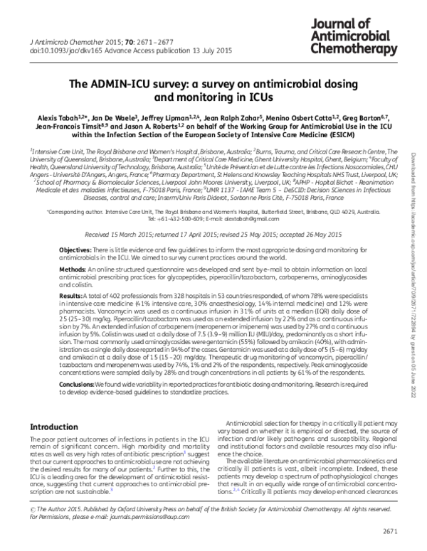 Pdf The Admin Icu Survey A Survey On Antimicrobial Dosing And Monitoring In Icus