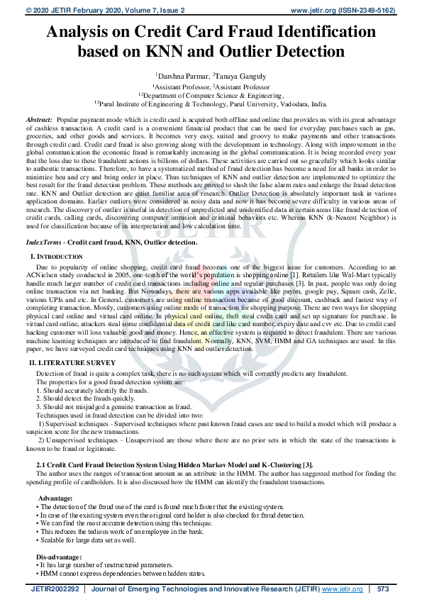 (PDF) Analysis on Credit Card Fraud Identification based on KNN and Outlier Detection | Darshna ...