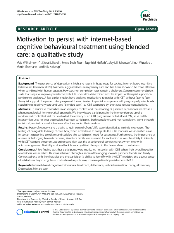 (PDF) Motivation to persist with internet-based cognitive behavioural treatment using blended ...