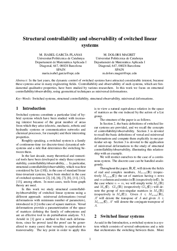 (PDF) Structural controllability and observability of switched linear systems
