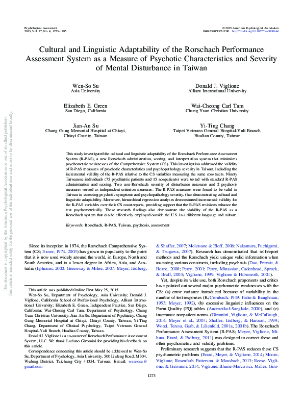(PDF) Cultural and Linguistic Adaptability of the Rorschach Performance ...