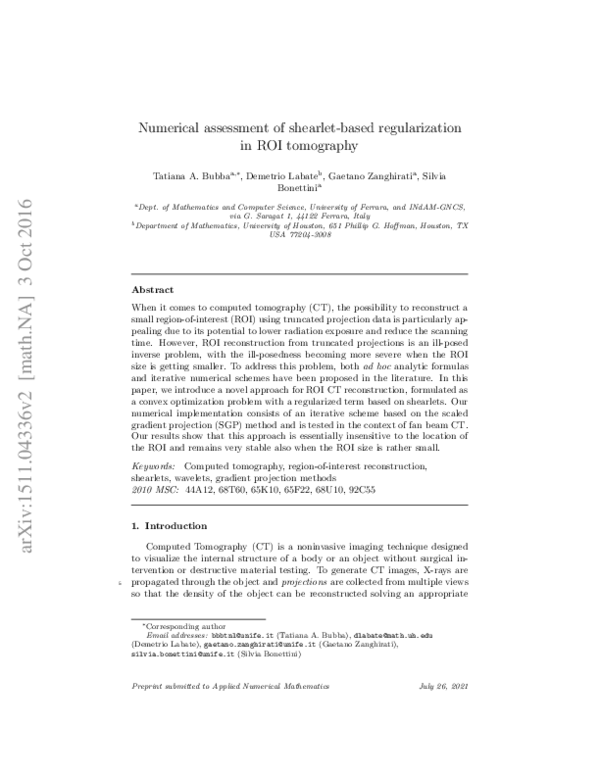 (PDF) Numerical assessment of shearlet-based regularization in ROI tomography